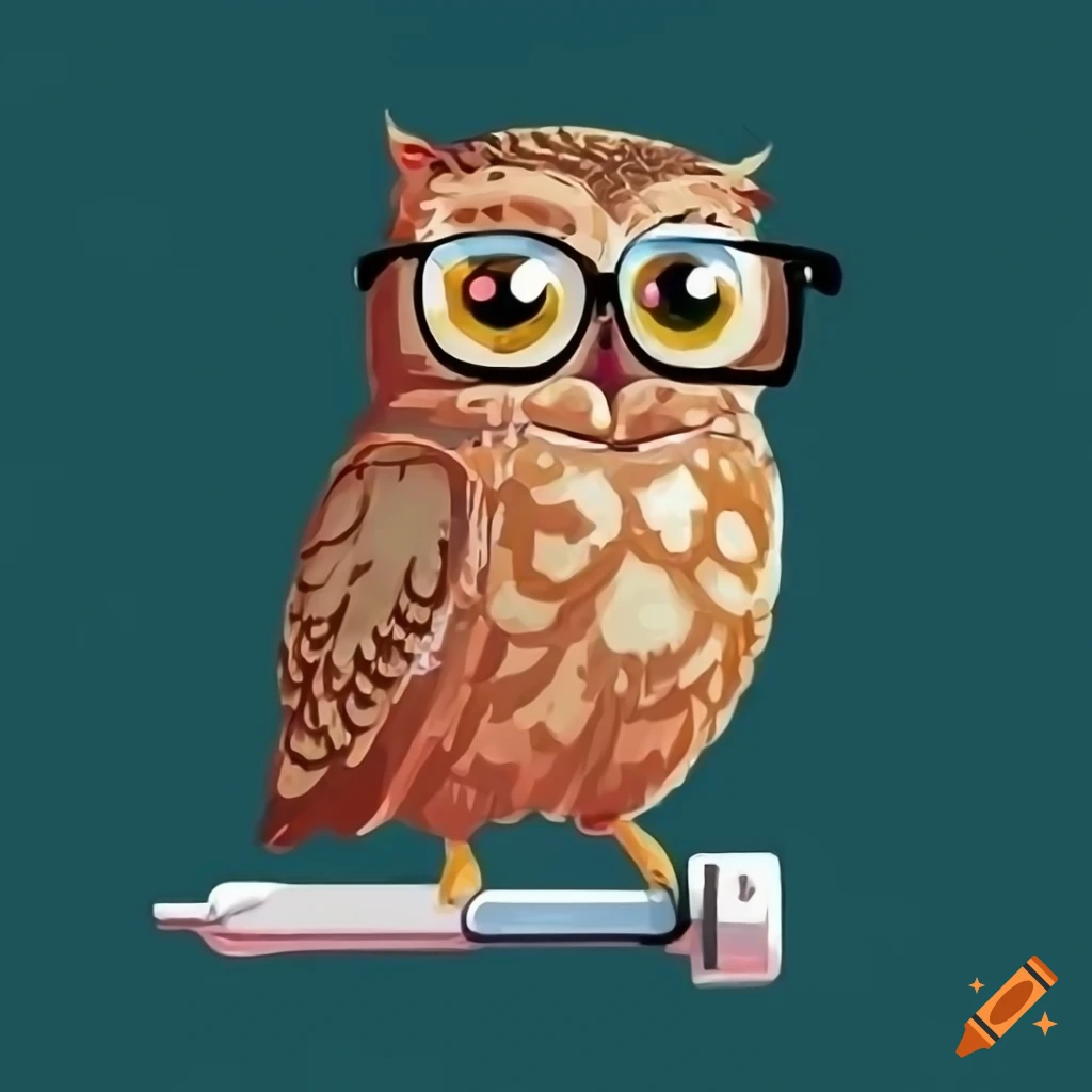 Cartoon burrowing owl with eyeglasses perched on a screwdriver on Craiyon