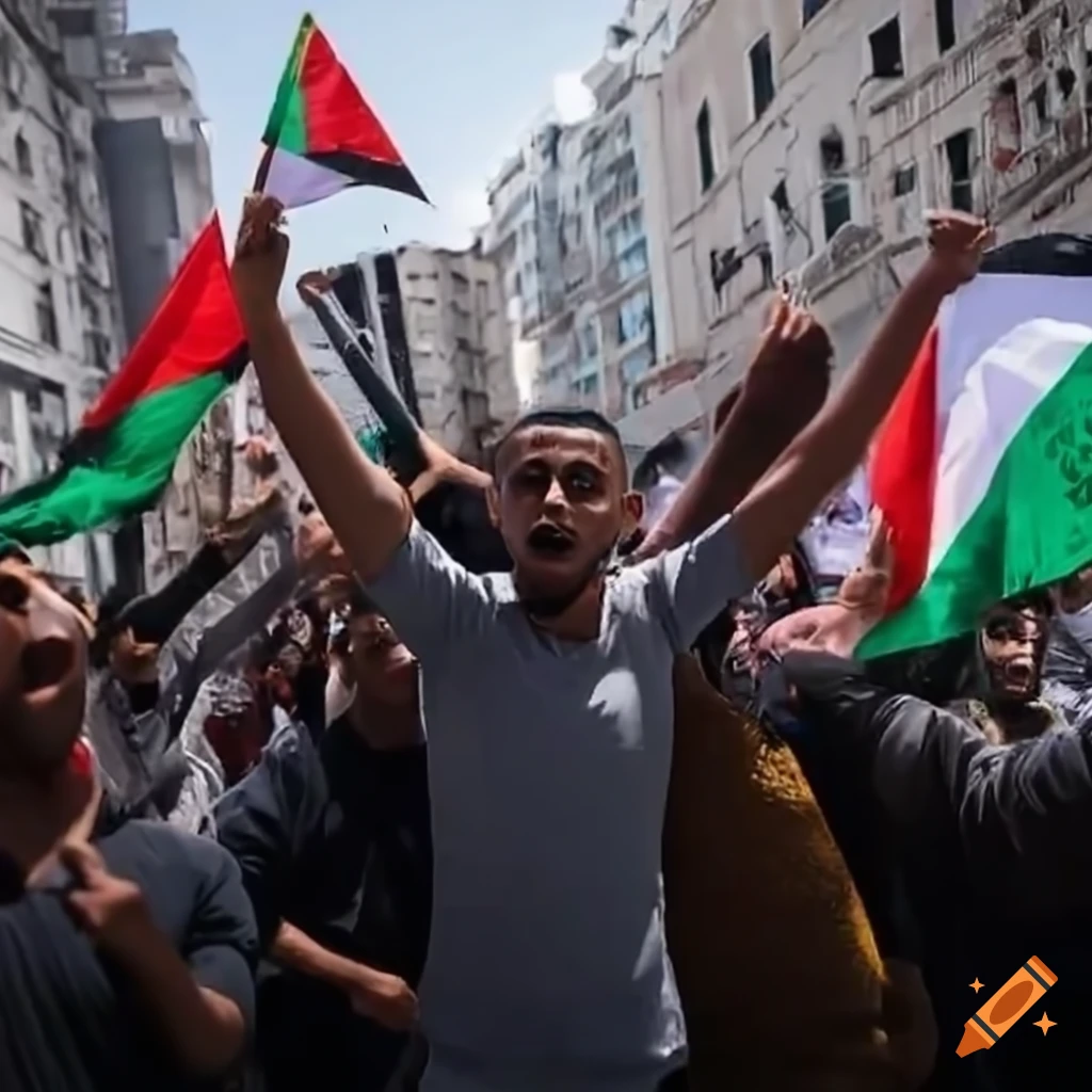 Crowd of cheering palestinians celebrating in the streets after a ...