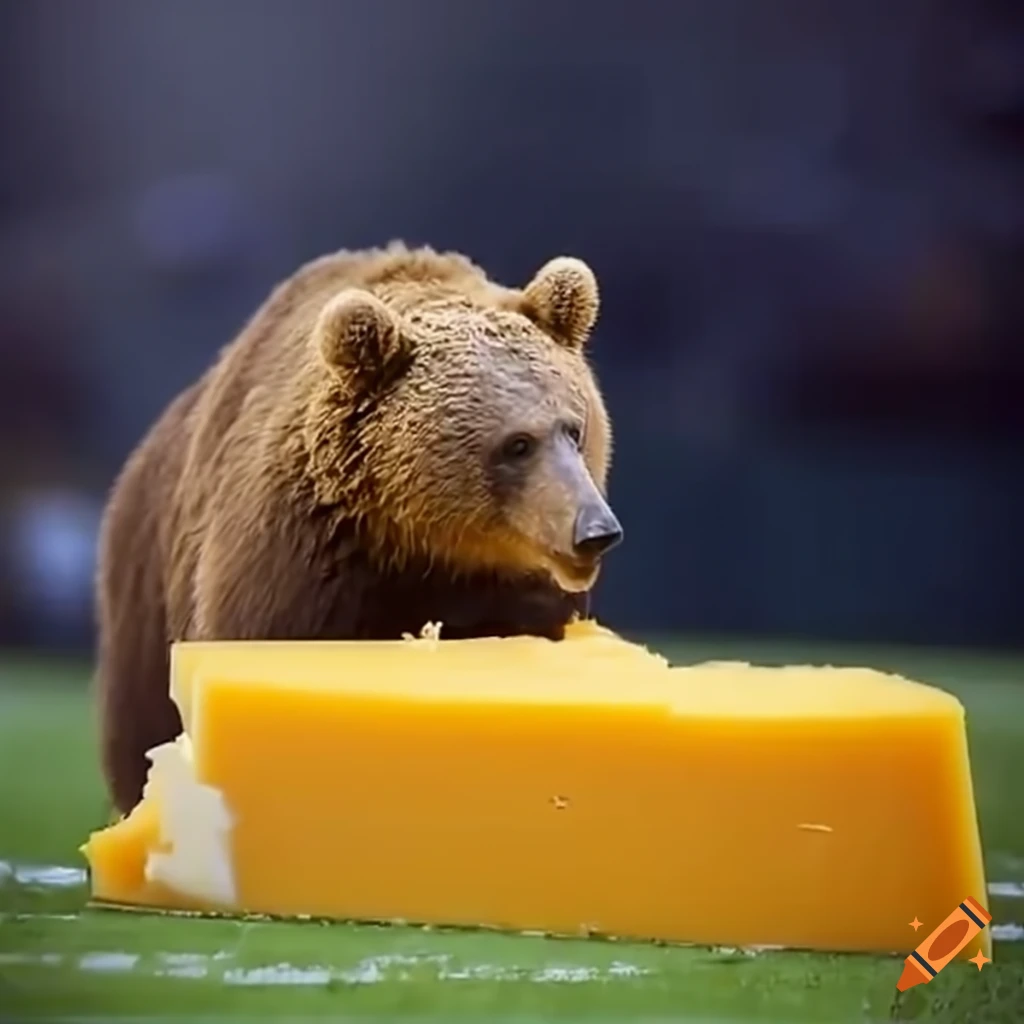 Bear eating cheddar cheese at Lambeau Field on Craiyon
