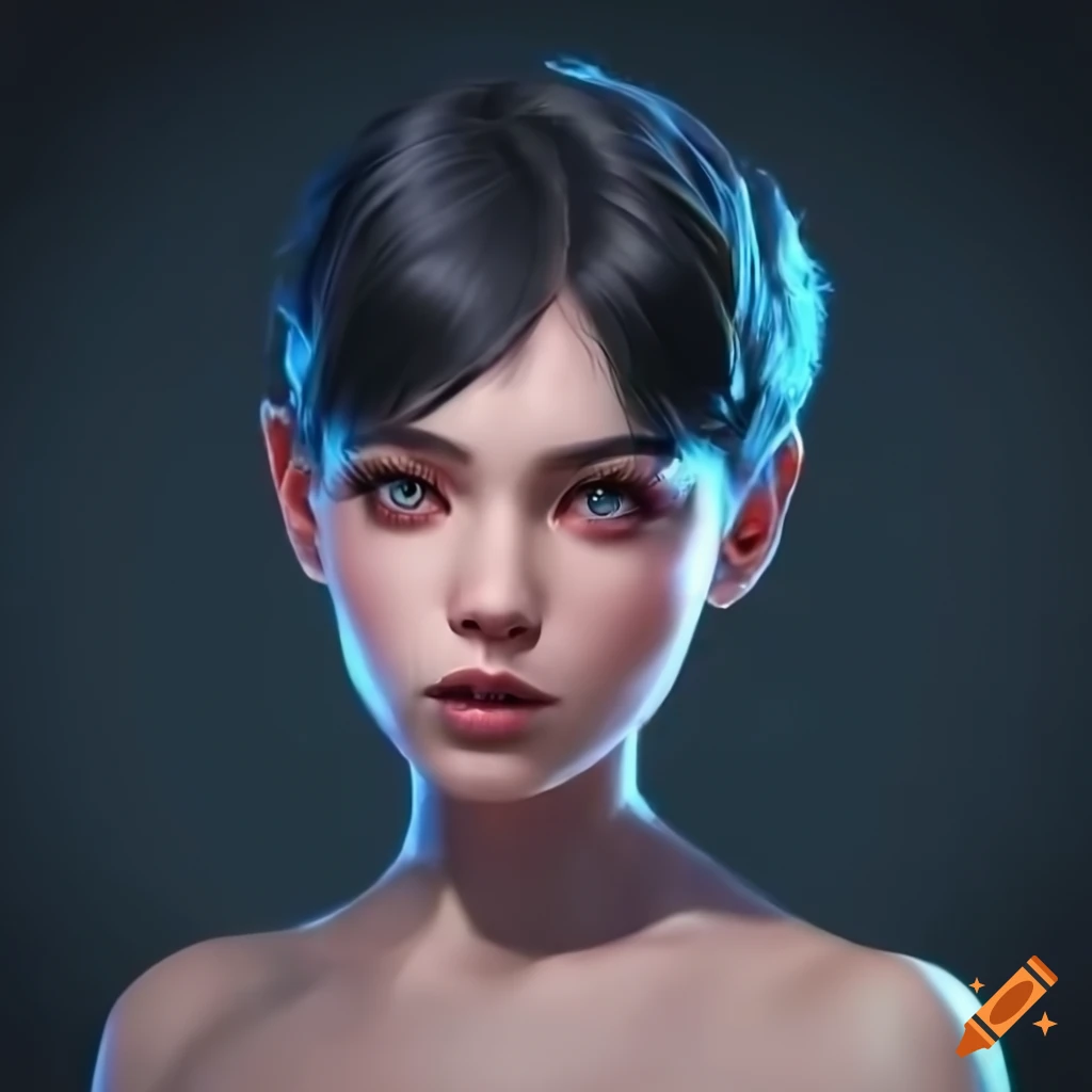 Young woman with short black hair in a cinematic fantasy setting on Craiyon