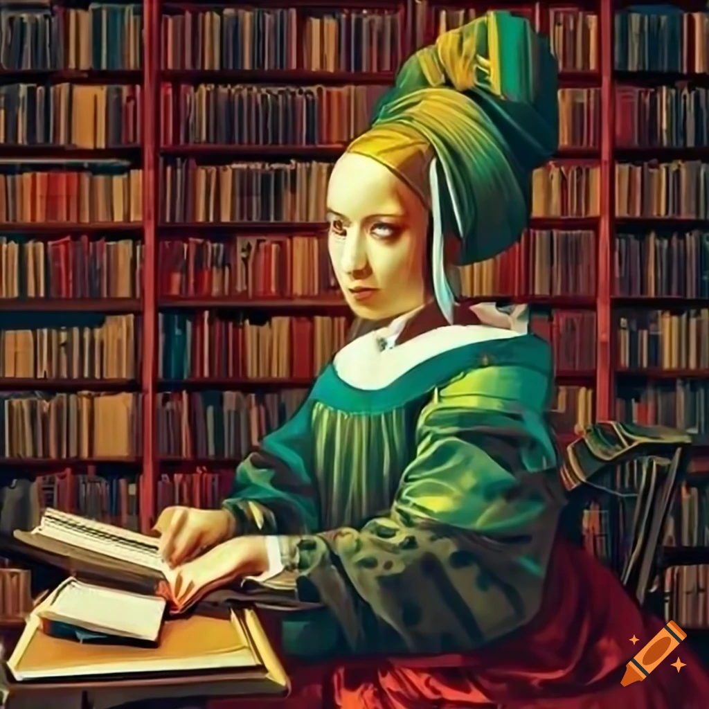 Beautiful woman studying quantum mechanics in a vermeer-style library ...
