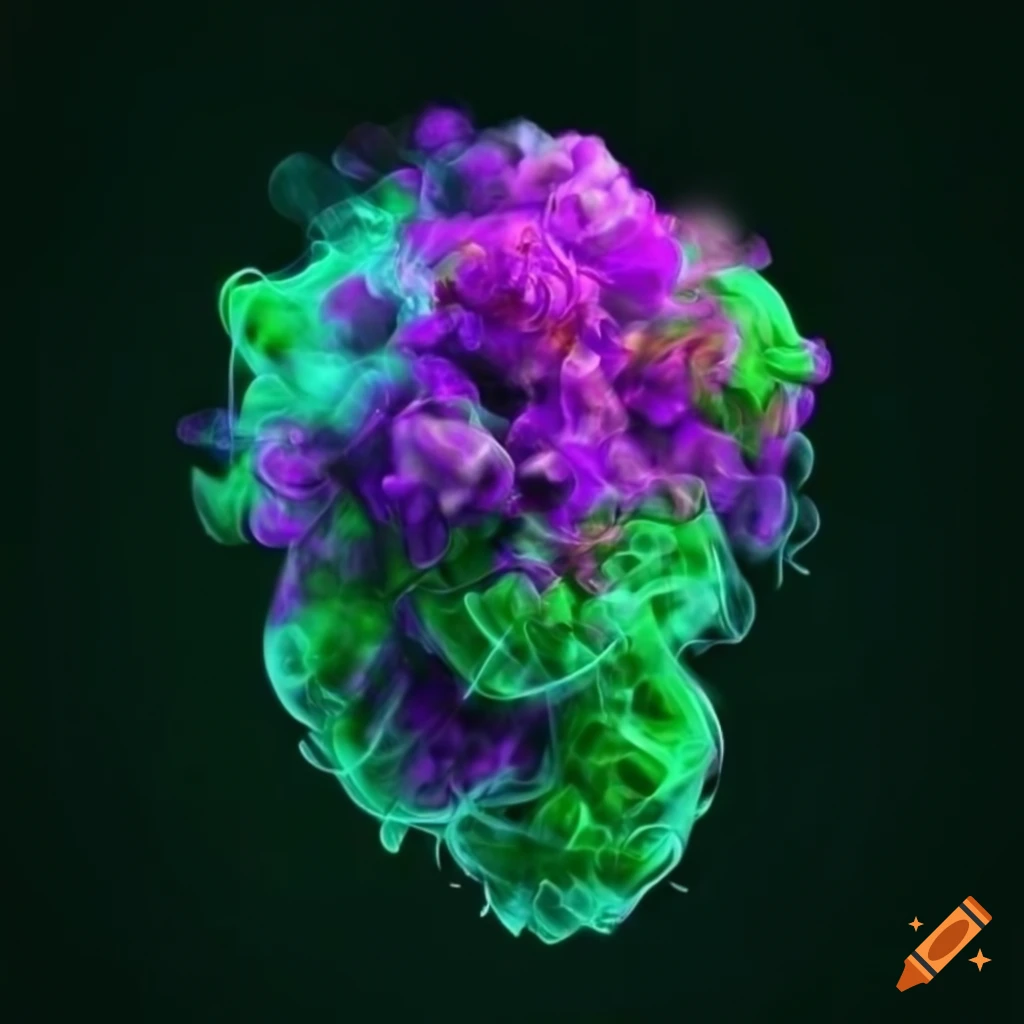 Colorful 3d weed flower with floating smoke in green and purple on Craiyon