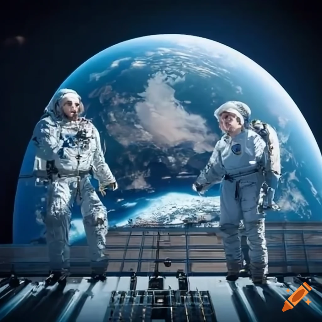 Colleagues working together in a space station behind a large screen on ...