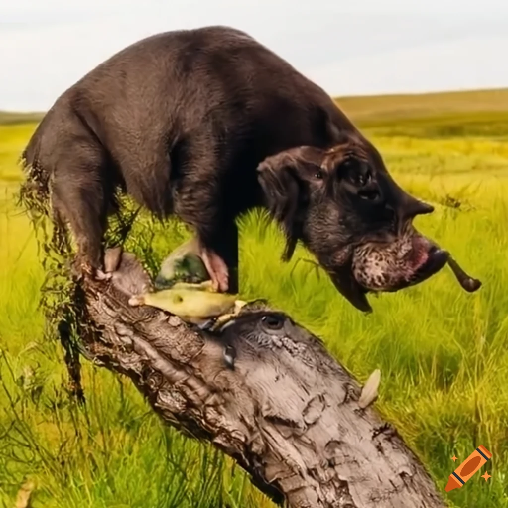 Dog kissing a frog on a log in a bog on Craiyon