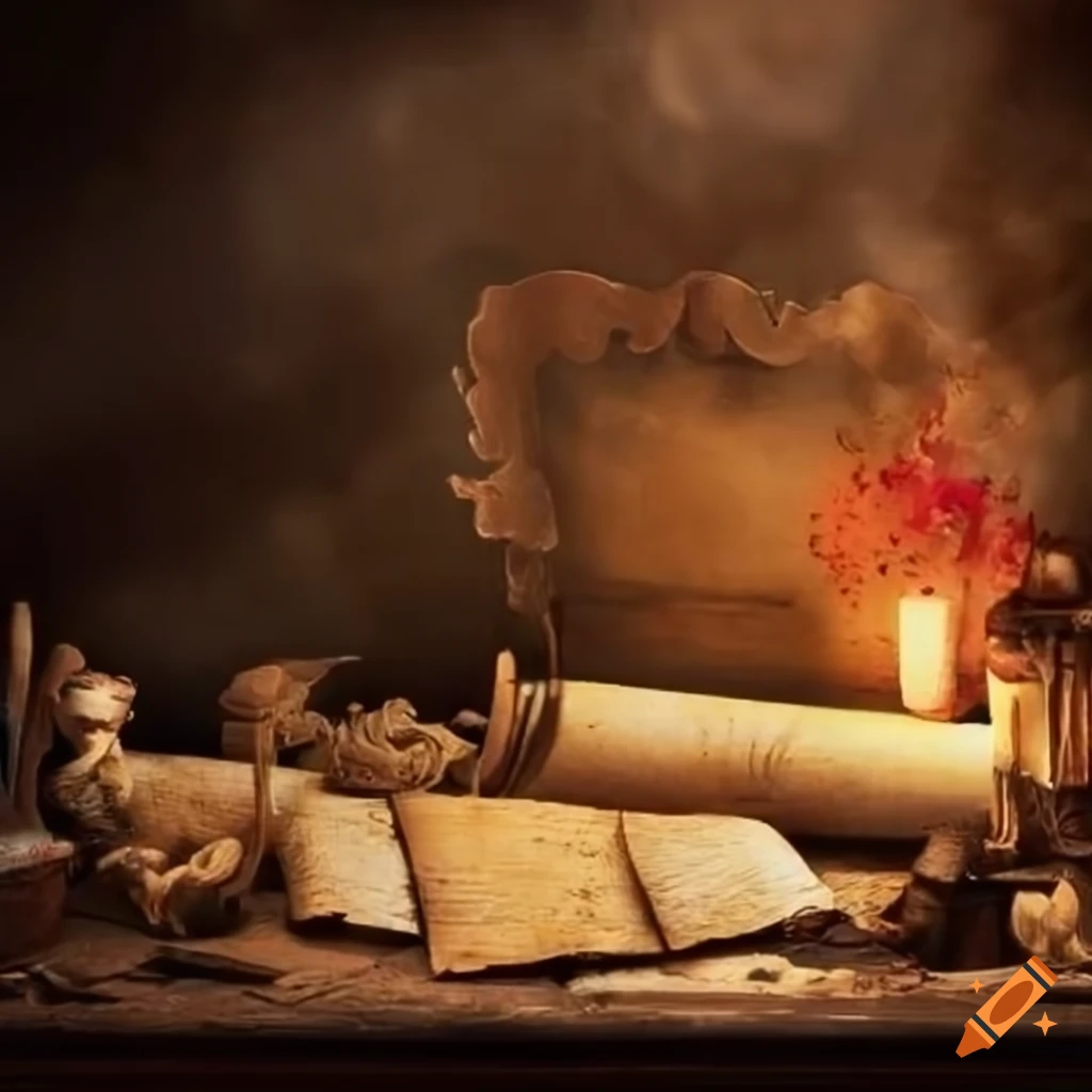 Old tattered scroll on a cluttered ancient desk on Craiyon