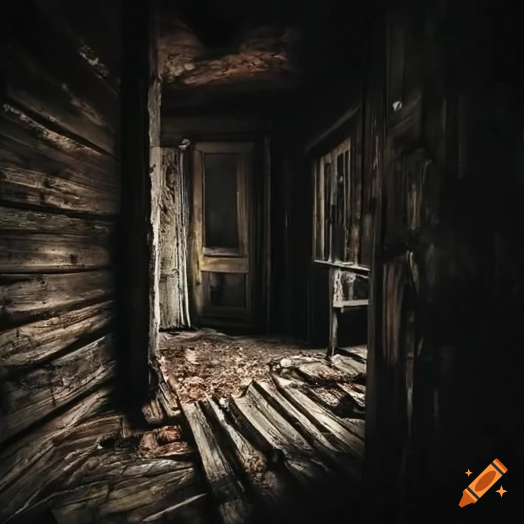 Interior of a derelict and eerie old wooden cabin on Craiyon