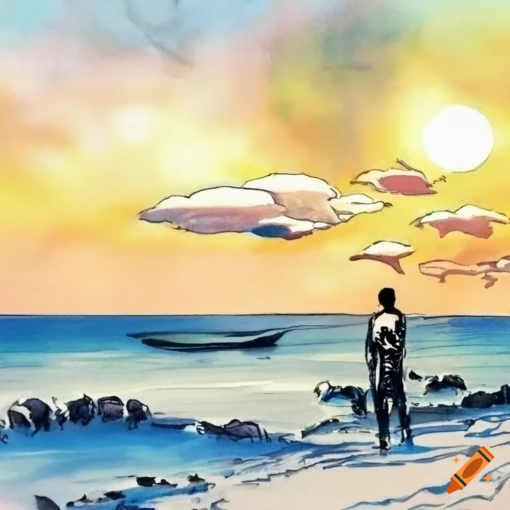 Ink illustration of beach scenery with a wandering person on Craiyon