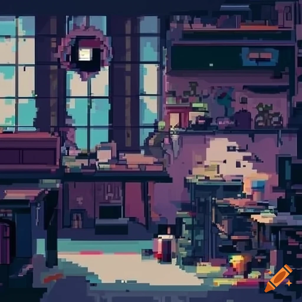 Pixel art workshop room in diesel-punk ghibli anime film style on Craiyon