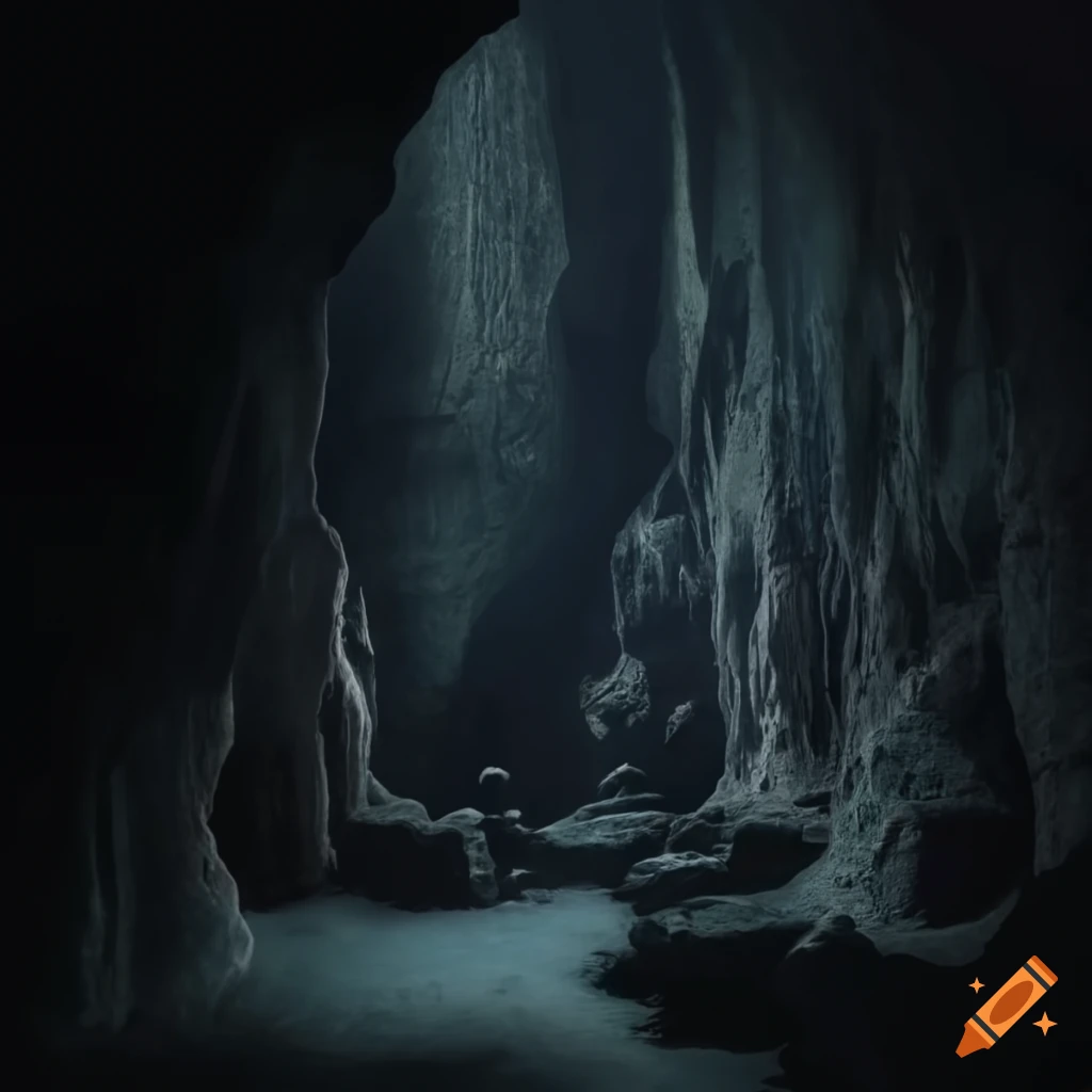 Large dark gray cave with many hanging amulets on Craiyon