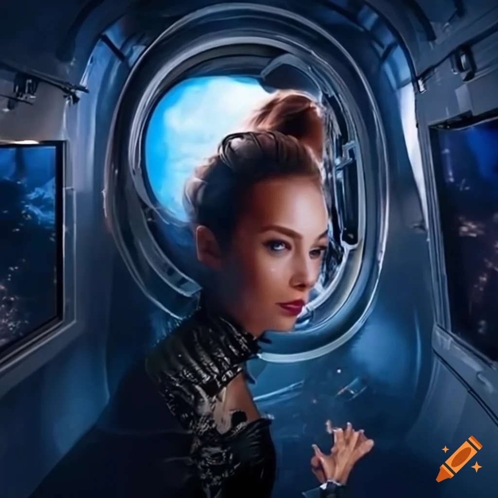 Beautiful woman flying through space in a space pod in bosch style on ...