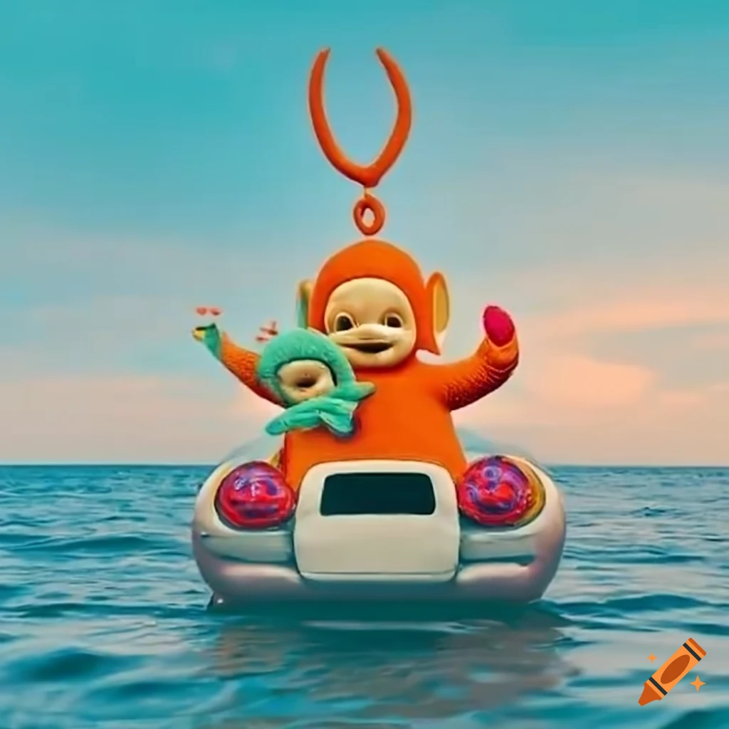 Teletubbie joyriding in a fancy car on the sea on Craiyon