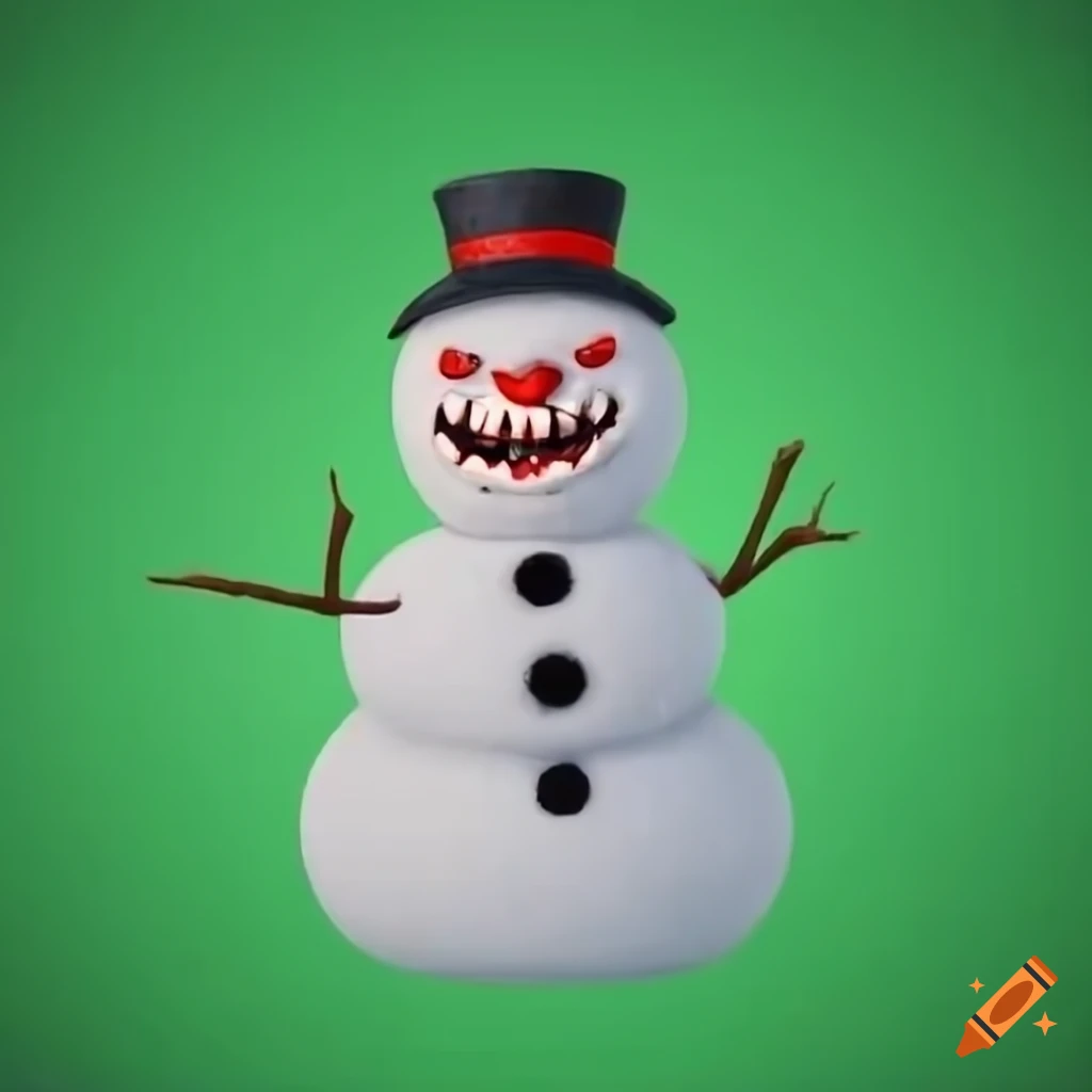 Snowman with scary teeth and stick legs on green screen background on ...