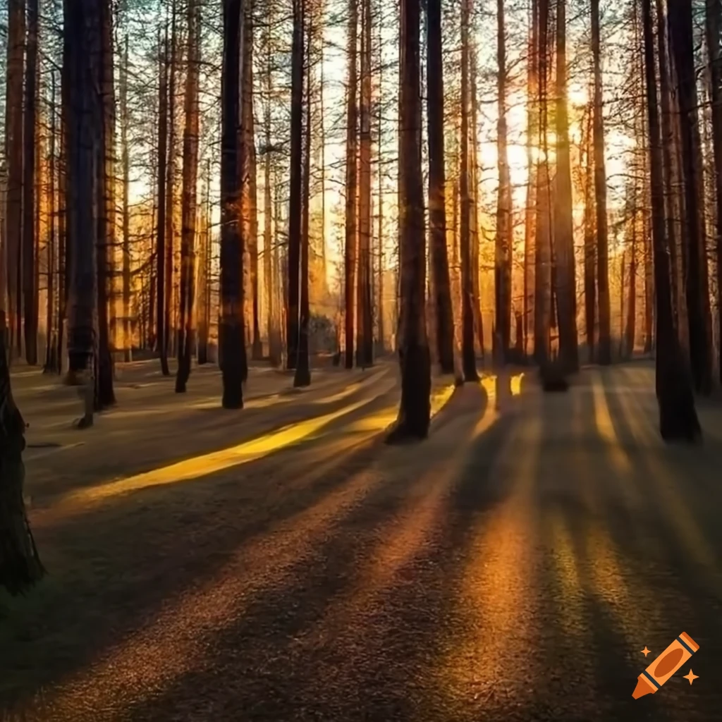 Forest with tall pines at sunset on Craiyon