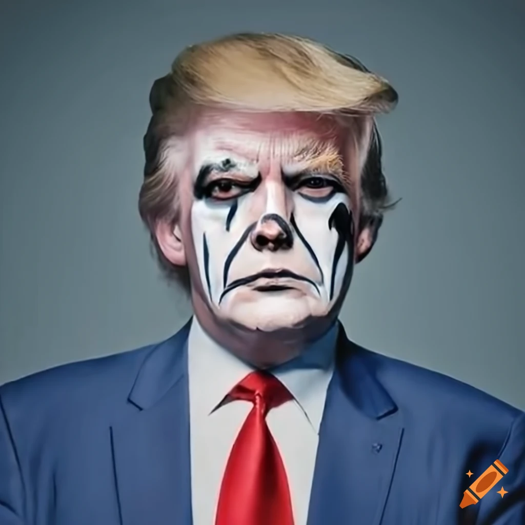 Portrait Of Donald Trump In Blue Suit With Red Tie And Clown Makeup On
