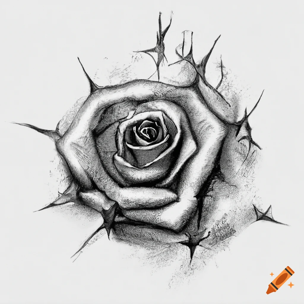 Black and white thorny rose surrounding a hearth on Craiyon