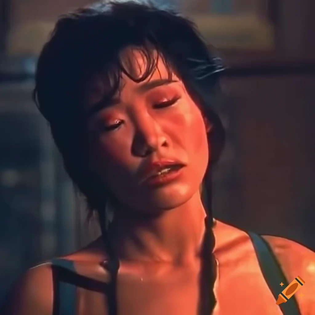 Asian martial arts fighter with a dizzy expression in an 80s movie on Craiyon