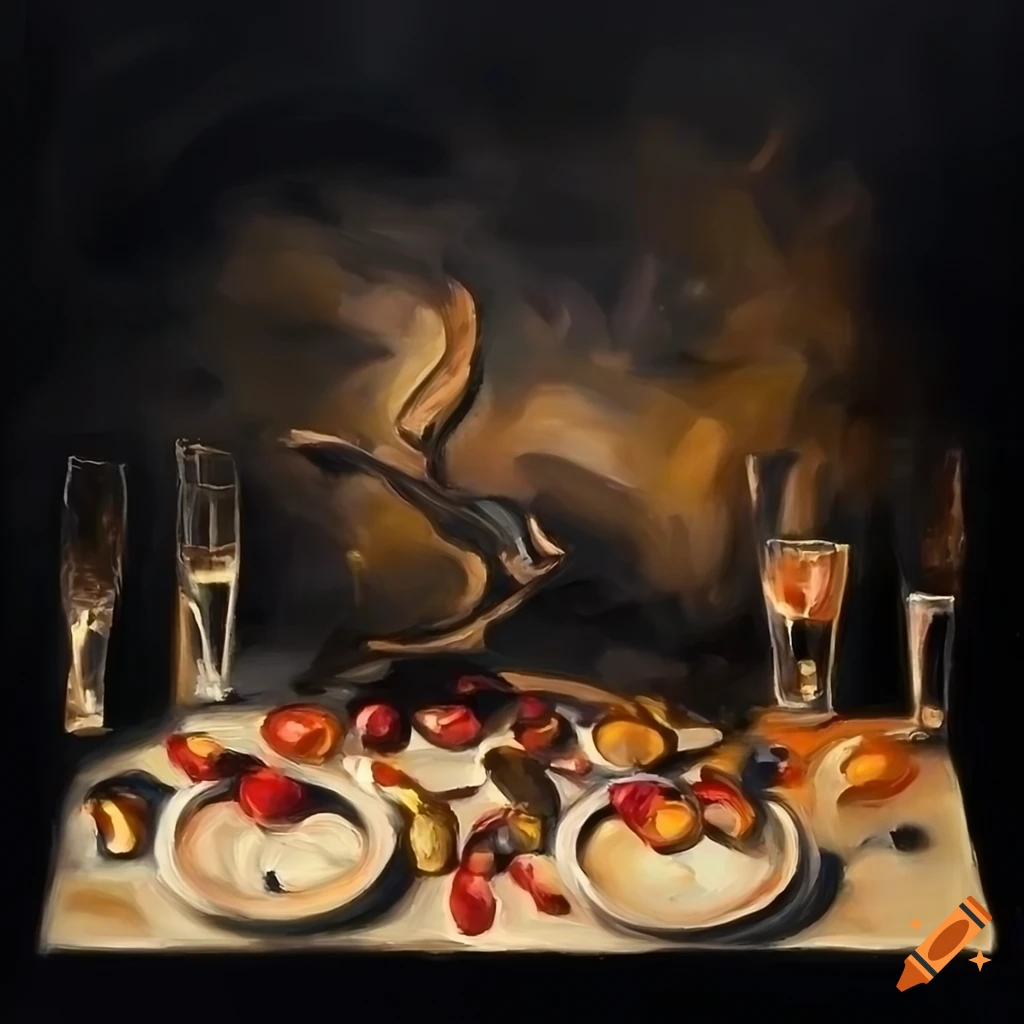 Abstract oil painting of people toasting with champagne at a table on ...