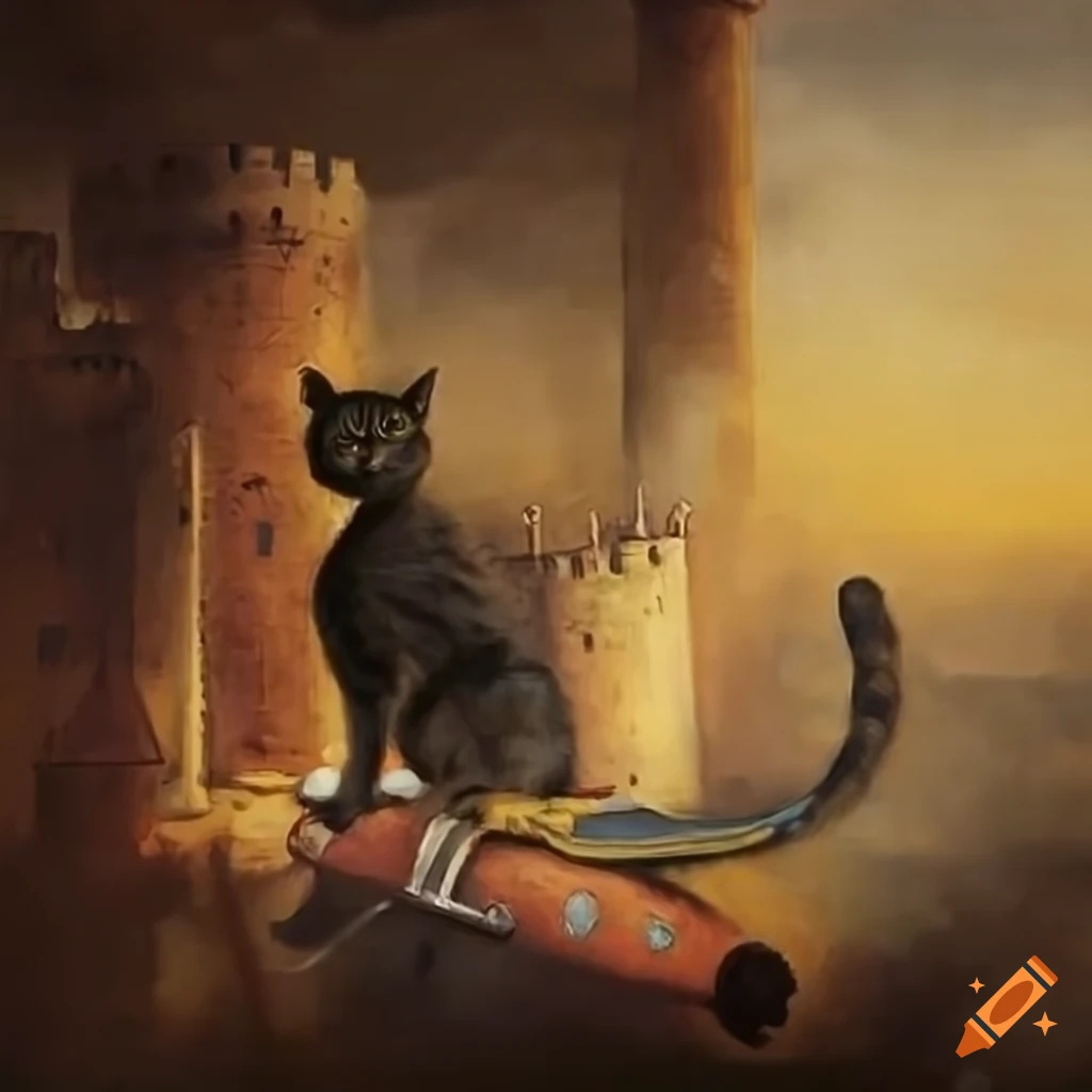 Medieval painting of a cat on a rocket flying around a castle on Craiyon