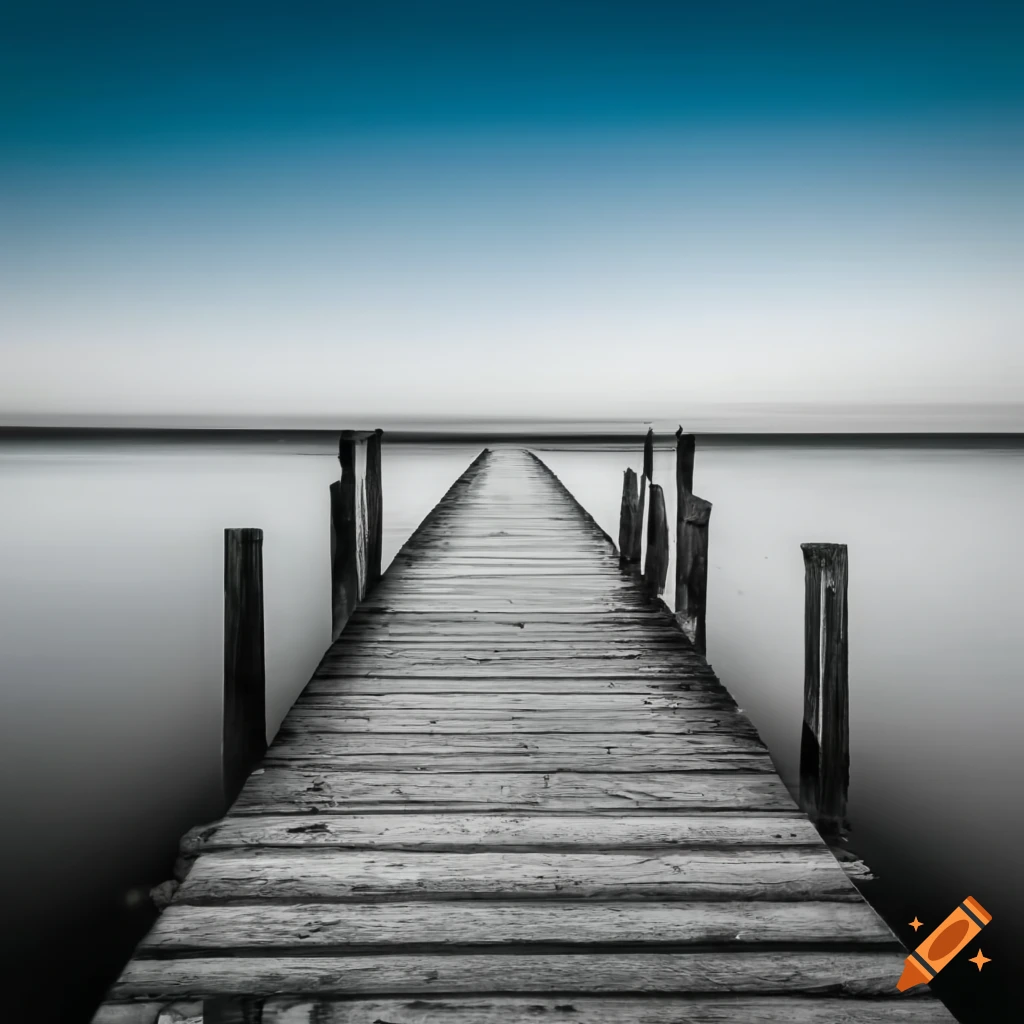 Jetty in a sea with a white sandy beach and grass on Craiyon