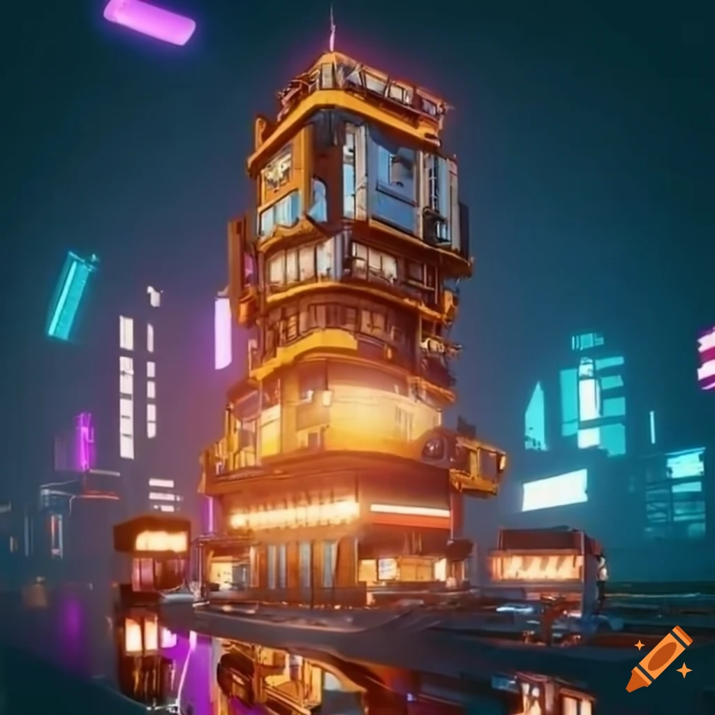 Cyberpunk 2077 megatower futuristic building in steampunk style on Craiyon