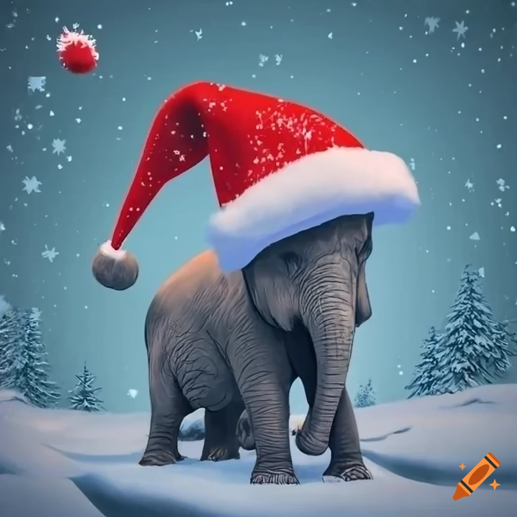 Elephant wearing a cozy santa hat in a surreal winter wonderland on Craiyon