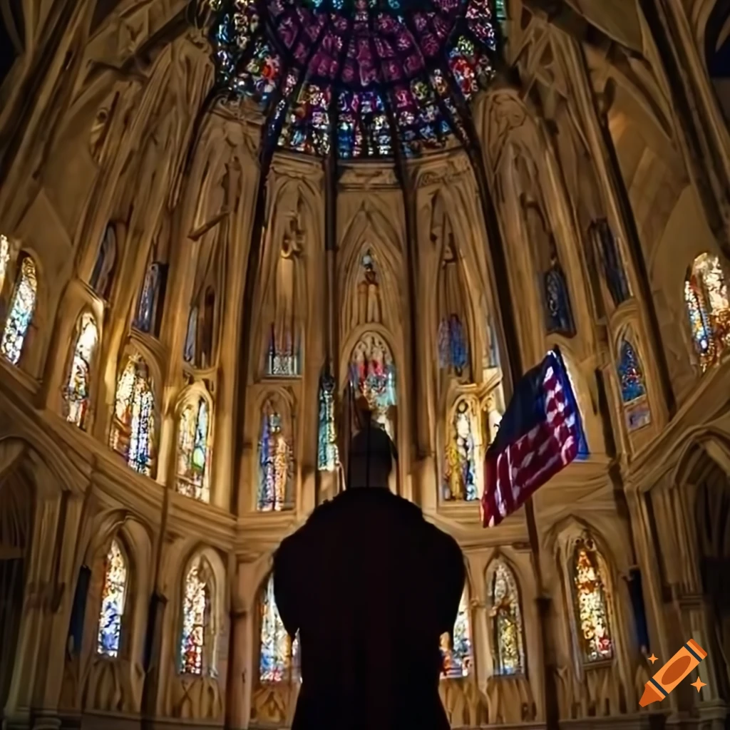 Pious man holding rosary and american flag in a church interior on Craiyon
