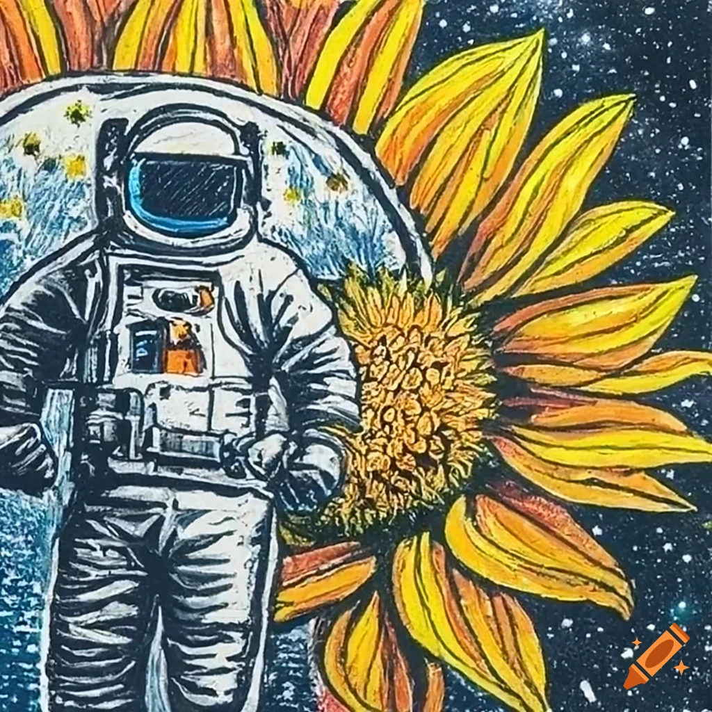 Astronaut surrounded by sunflowers in outer space, crayon drawing on Craiyon