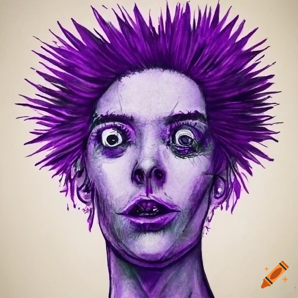 Creepy violet creature with spiky grey features in an ink drawing on ...
