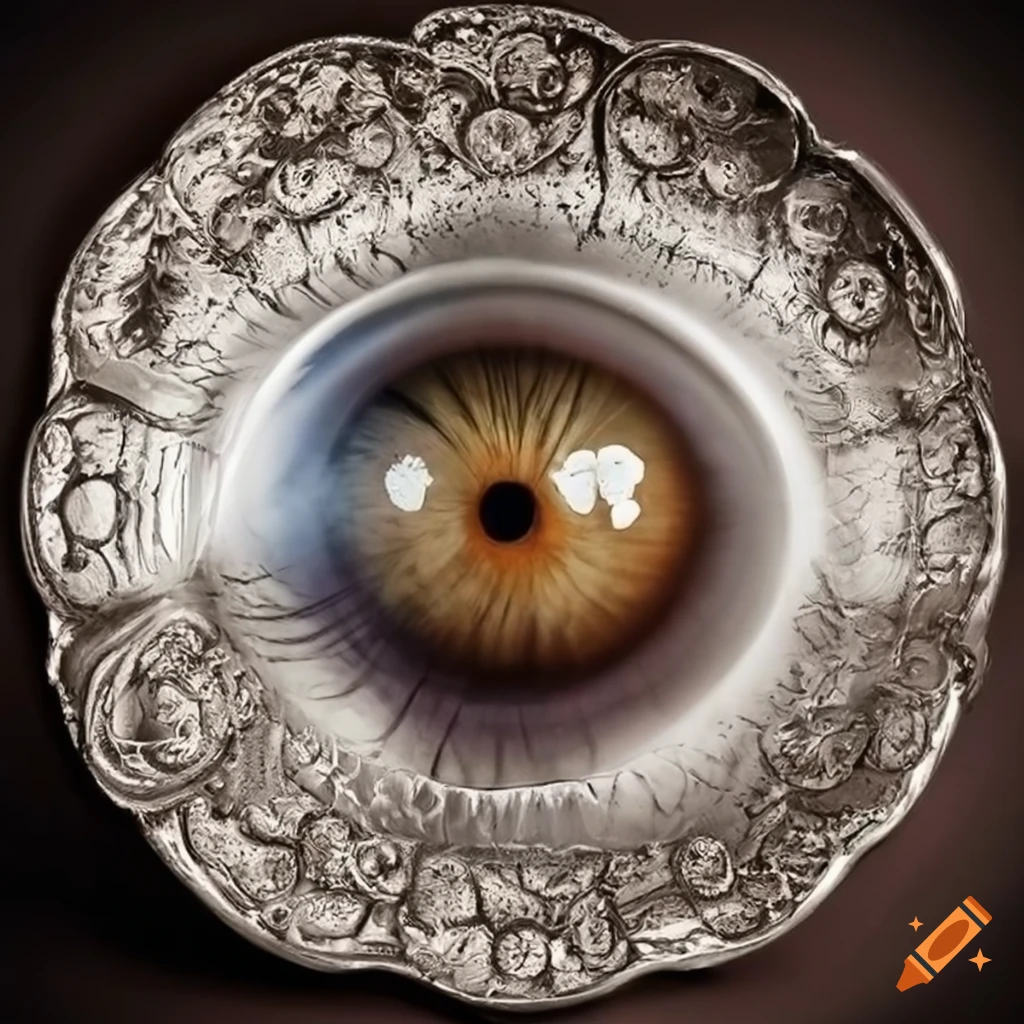 Close-up of an eye in a silver bowl on Craiyon