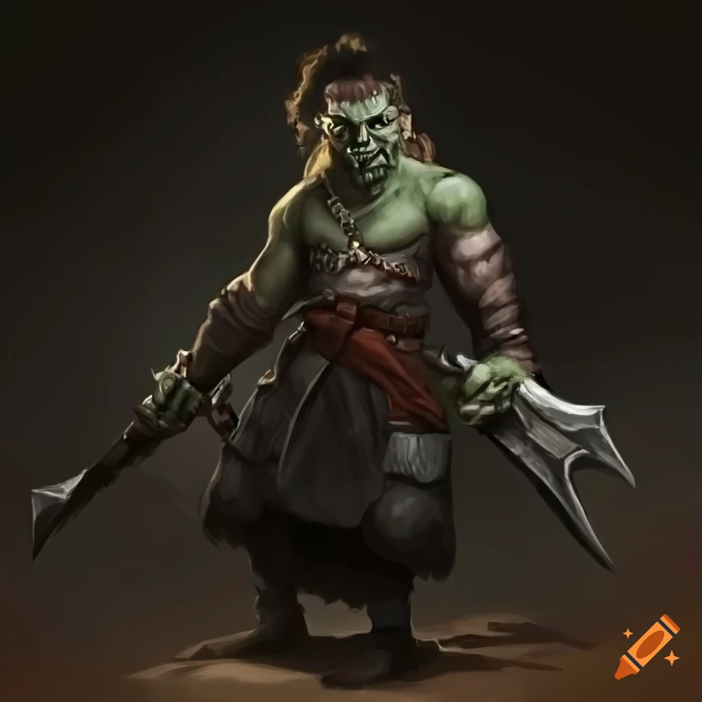 Pathfinder half-orc monk with ninja weapons on Craiyon