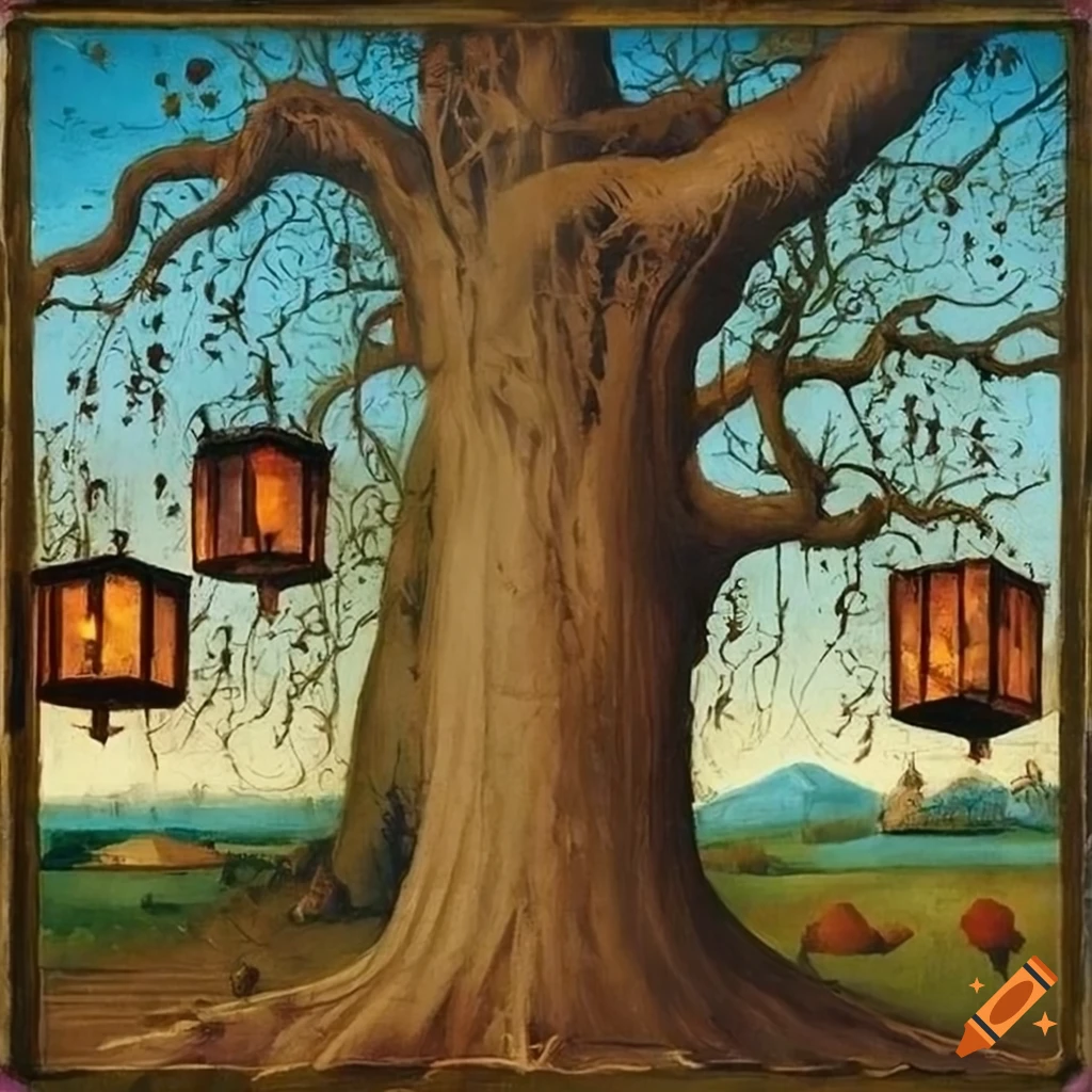 Medieval painting of oak tree with glowing lanterns in the style of ...