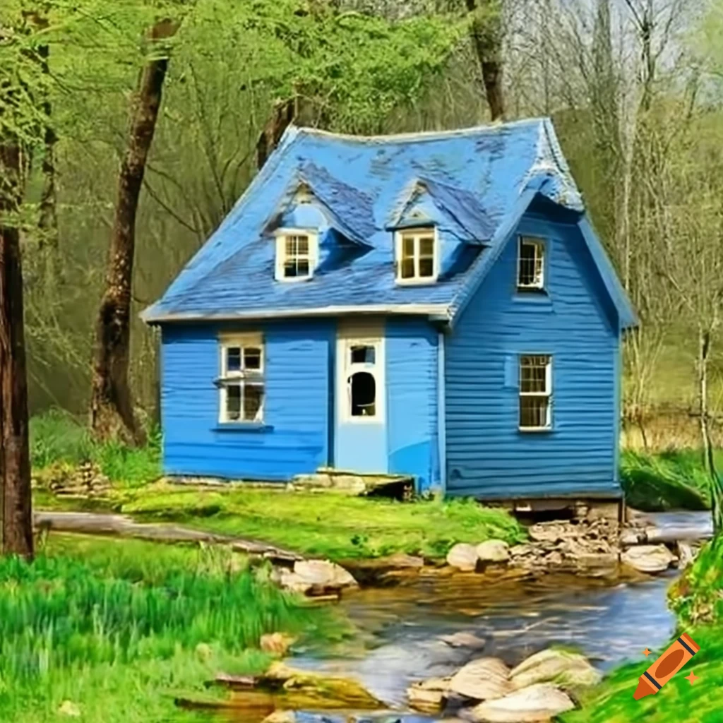 Blue cottage by a creek in springtime on Craiyon