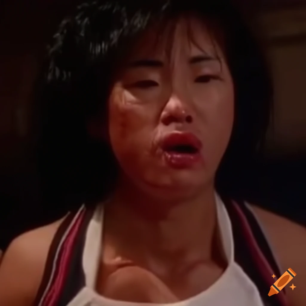 Asian Woman Fighter In 80s Fight Scene With Wobbly Head And Bruised