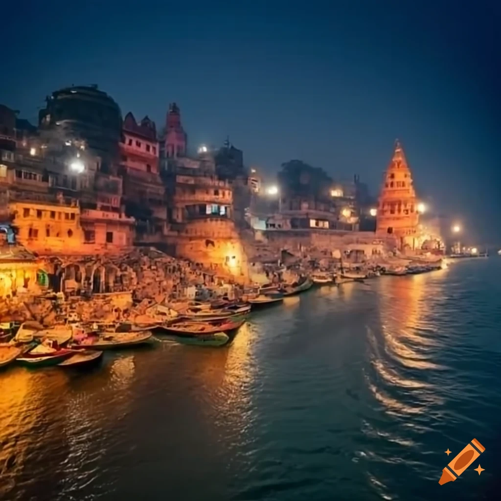 Overhead view of varanasi with the serene ganges river flowing on Craiyon