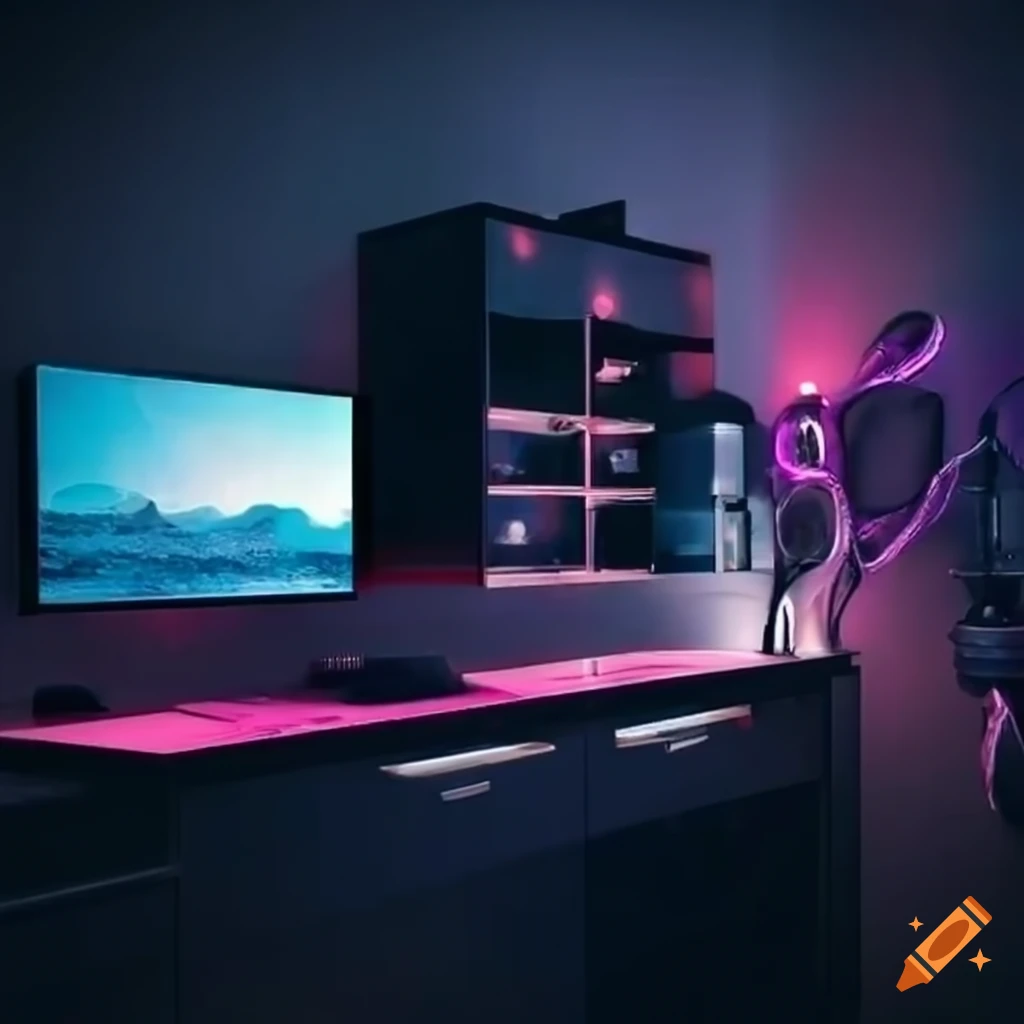 Modern kitchen with a gaming setup on Craiyon