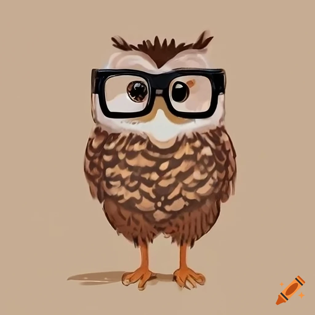 Adorable cartoon burrowing owl with square eyeglasses on Craiyon
