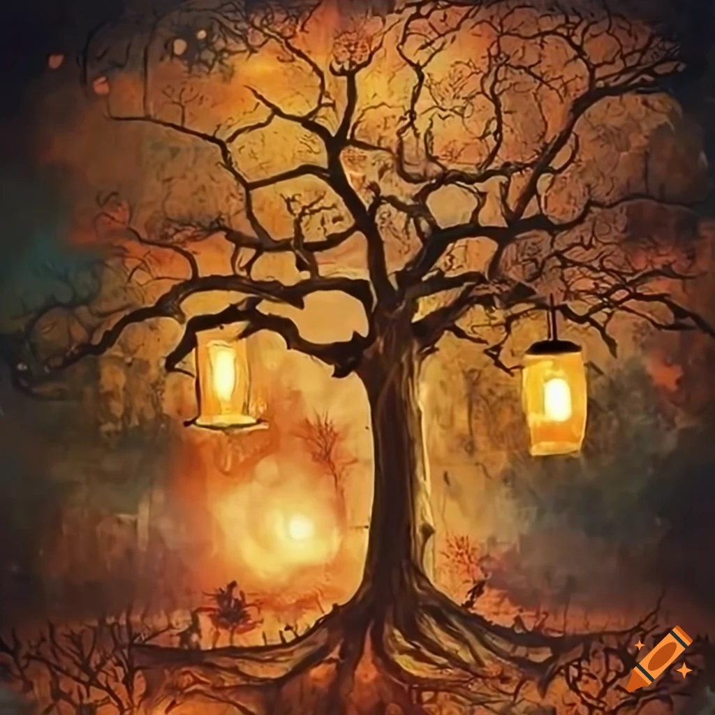 Magical medieval painting of an oak tree with glowing lanterns on Craiyon
