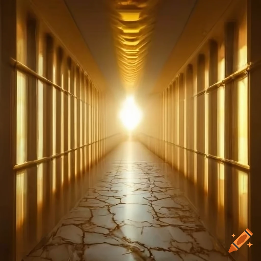 Gorgeous hallway with golden windows and sunrays on Craiyon