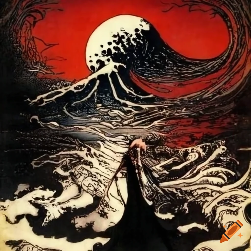 Illustrated painting of japanese-style hell inspired by hokusai, yoshitaka amano, and takato ...
