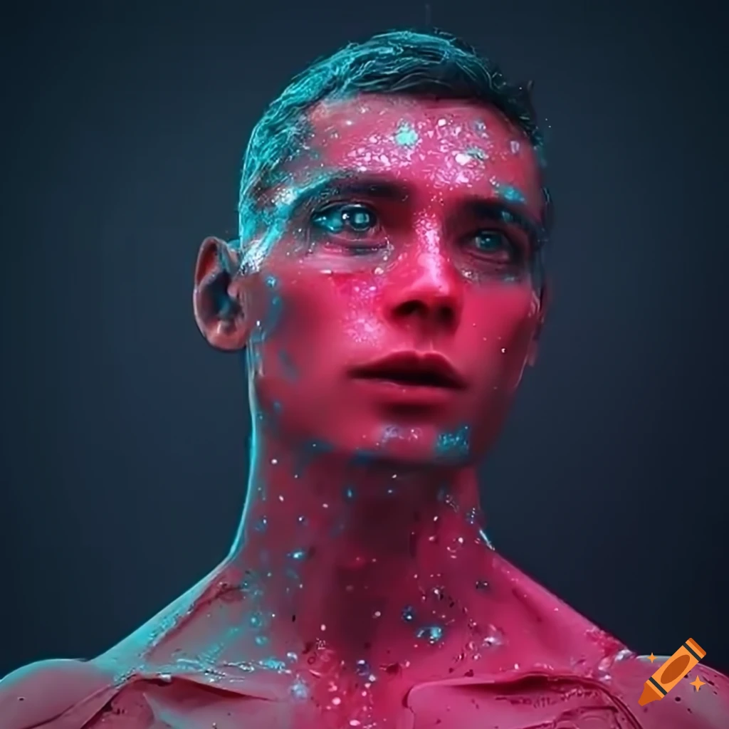 Photorealistic ai cyborg with a red glitter black male human body on ...