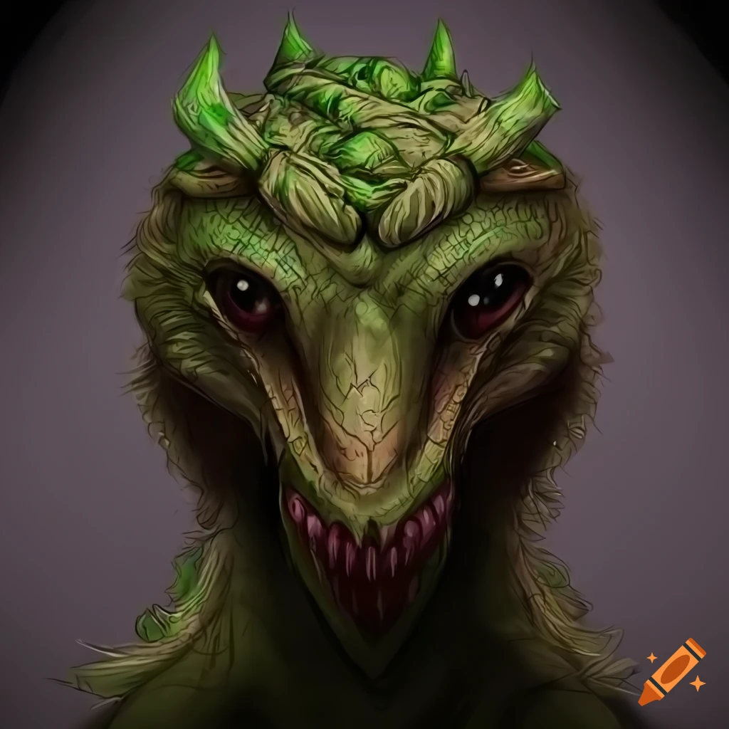 Adorable monster with sharp teeth, detailed scaly skin, and green leafs ...