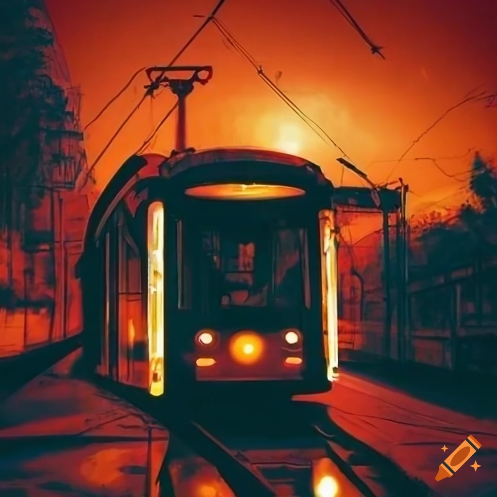 Closeup of tram pantograph at sunset in creative art illustration on ...