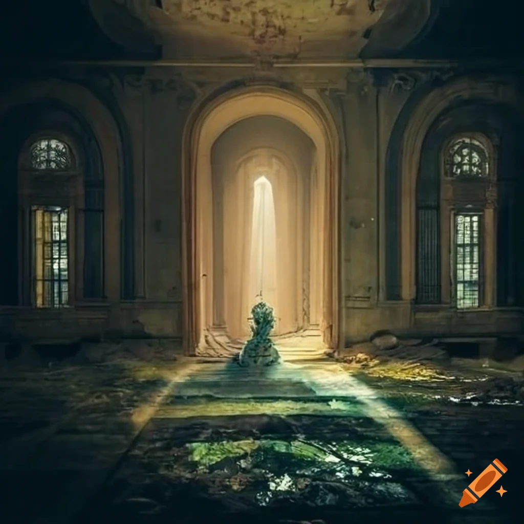 Sunlight on vine-covered statue in abandoned stone opera house on Craiyon