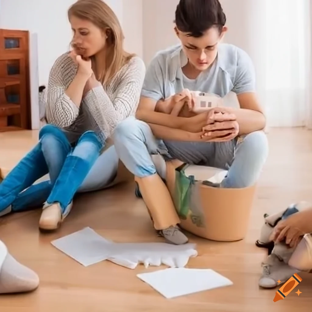 Confused woman sorting family pictures on the floor on Craiyon