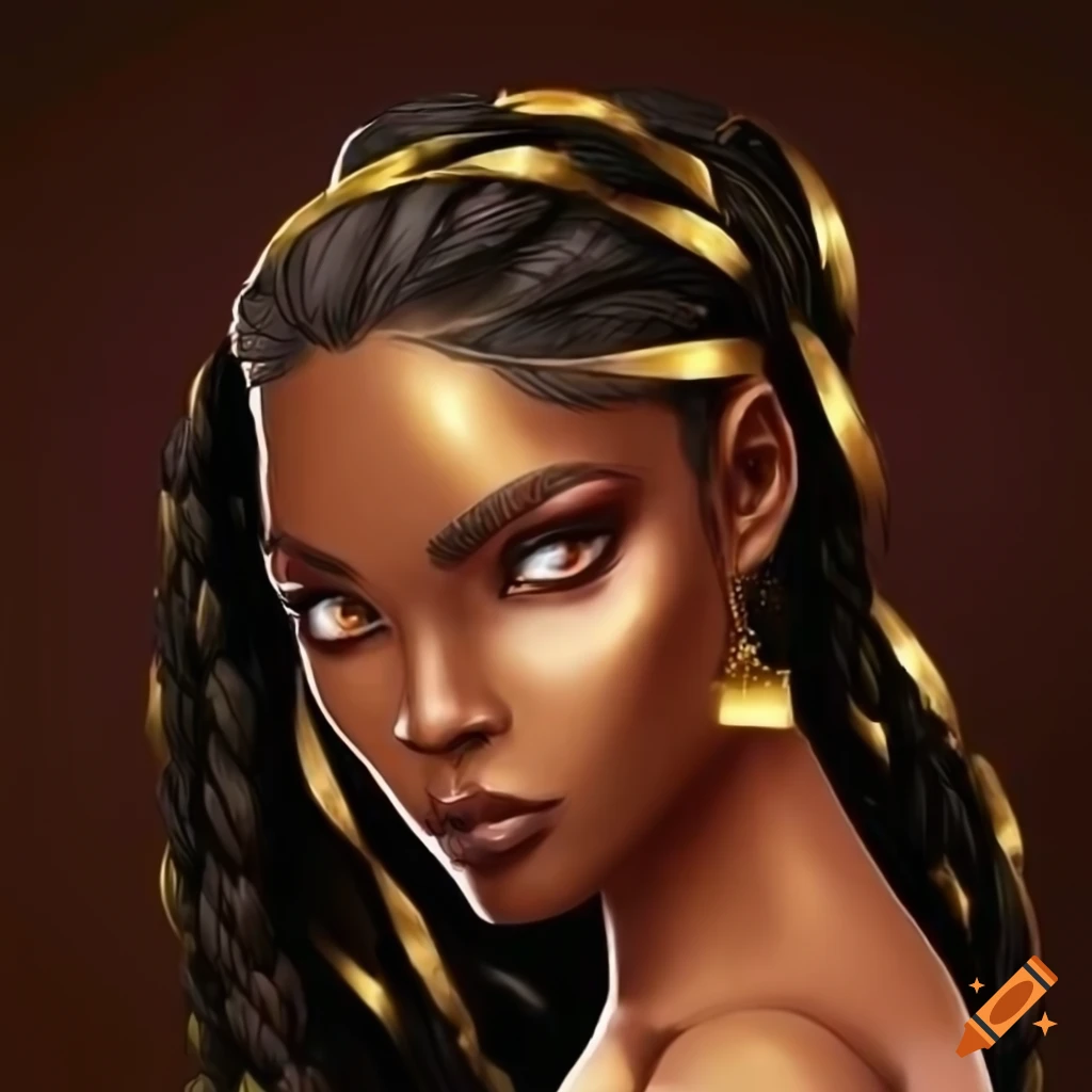 Beautiful woman with golden scales and gold eyes wearing greek chiton ...