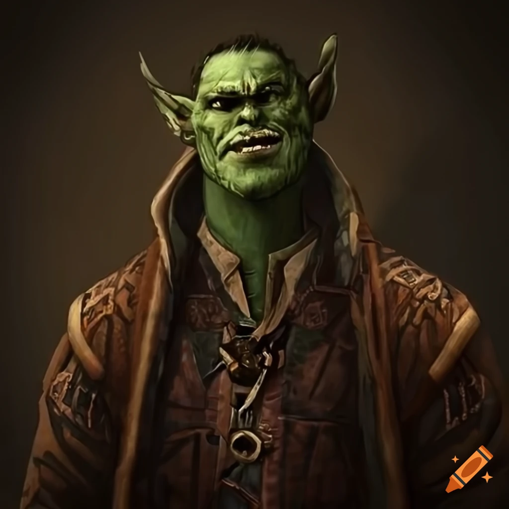 Fantasy art of a refined and regal Half Orc in a patchwork coat at a ...