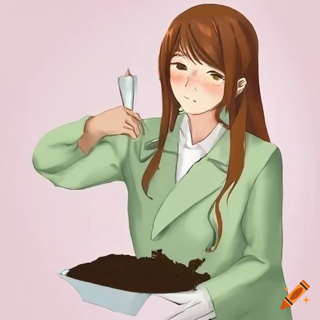 Young woman in labcoat scooping soil for study on Craiyon