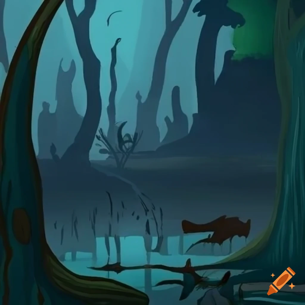 Disney style cartoon dark swamp landscape drawing on Craiyon