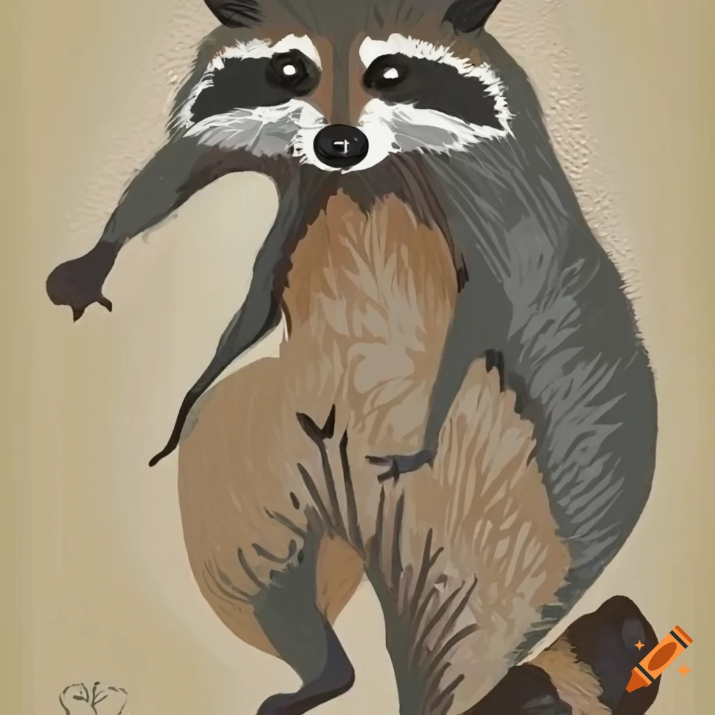 Anthropomorphized raccoon in old folklore style art on Craiyon