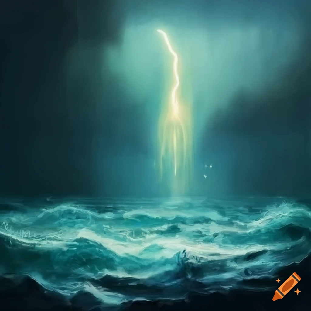 Stormy waters in beksiński style with thunder striking waves on Craiyon